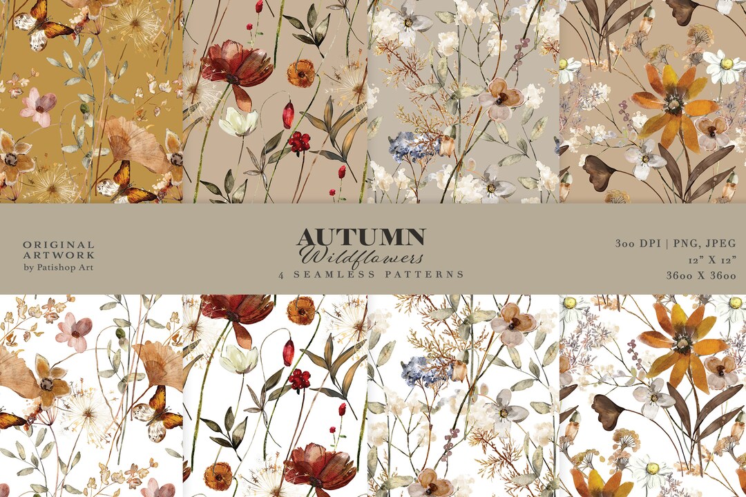 Autumn Wildflowers Digital Paper Pack - Watercolor Meadow Flowers ...