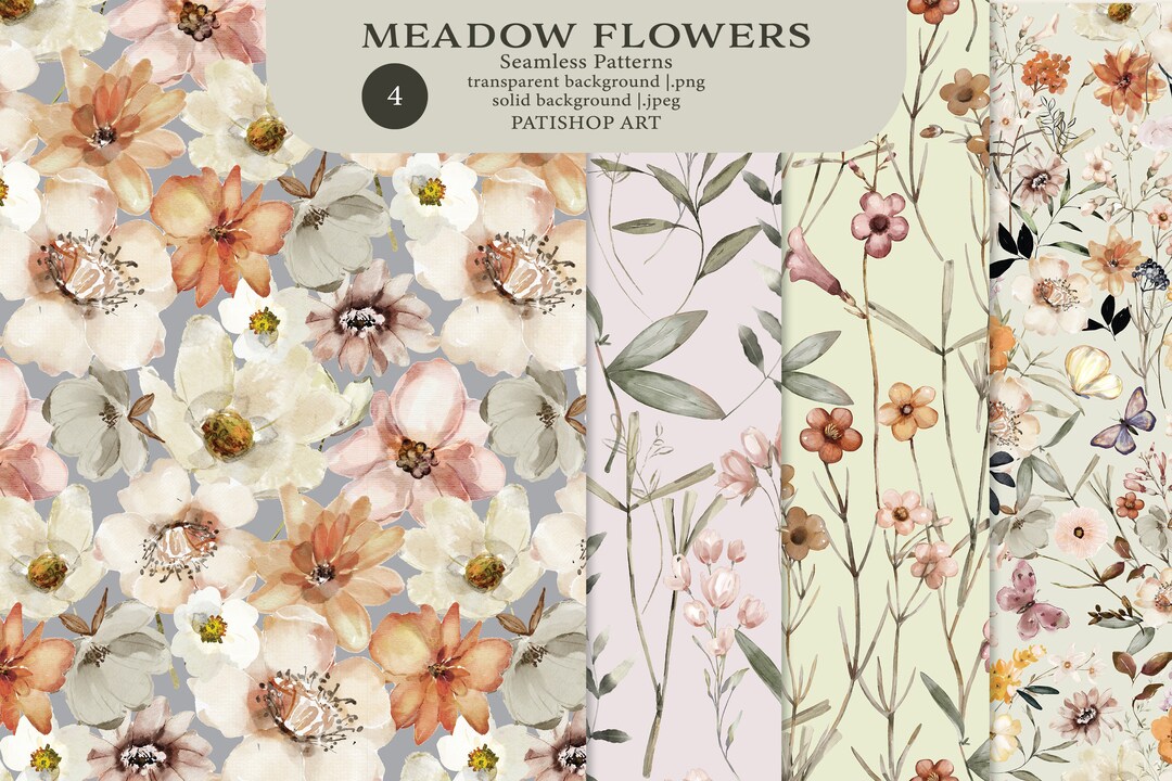 Meadow Flowers Watercolor Seamless Pattern Set, Digital Paper ...