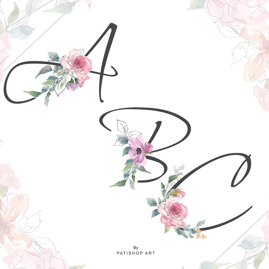 Floral Alphabet Sketch Style Pink Blush Alphabet Floral - Etsy