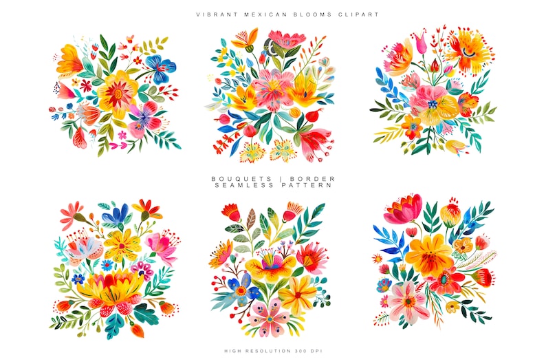 Colorful Fiesta Floral Clipart Png, Mexican Watercolor Bouquet ...