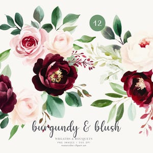 Burgundy Blush - Floral Clipart - Watercolor Bouquets - Blush Wreaths ...