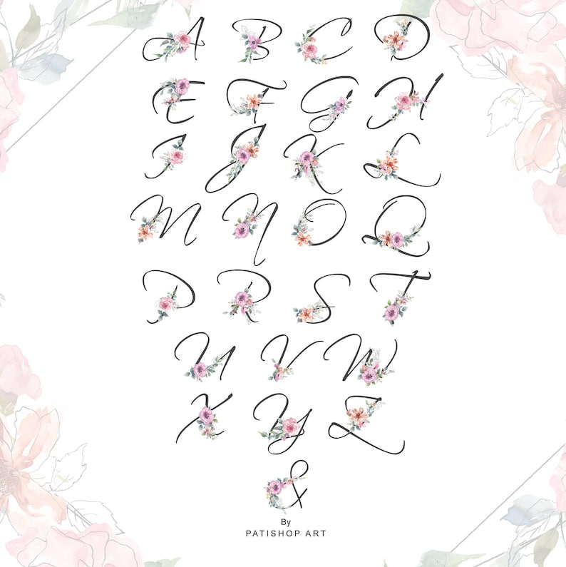 Floral Alphabet Sketch Style Pink Blush Alphabet Floral - Etsy