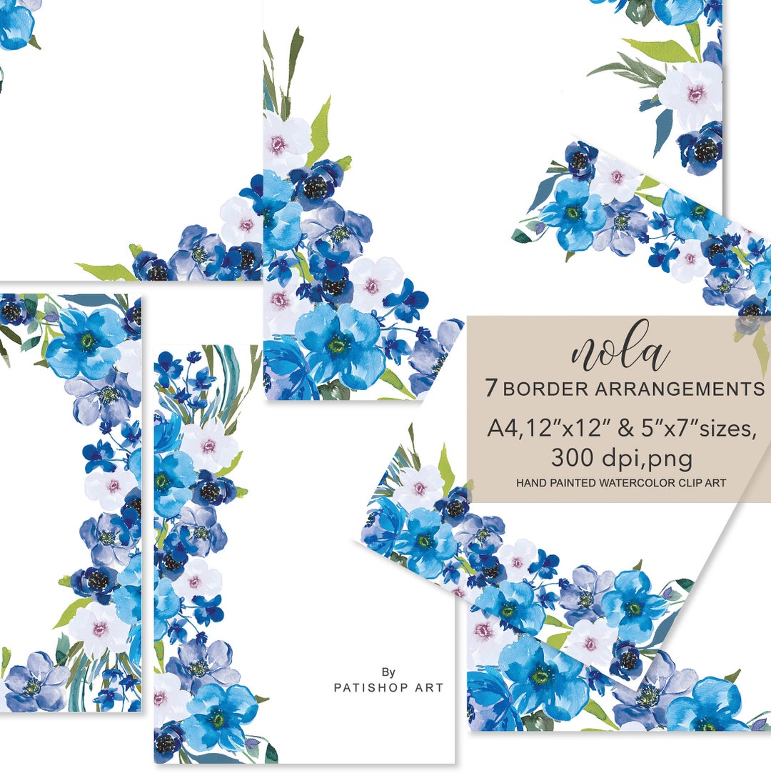 Watercolor Blue Flowers Frames - Watercolor Border Arrangements - Wedding Design - Premade ...