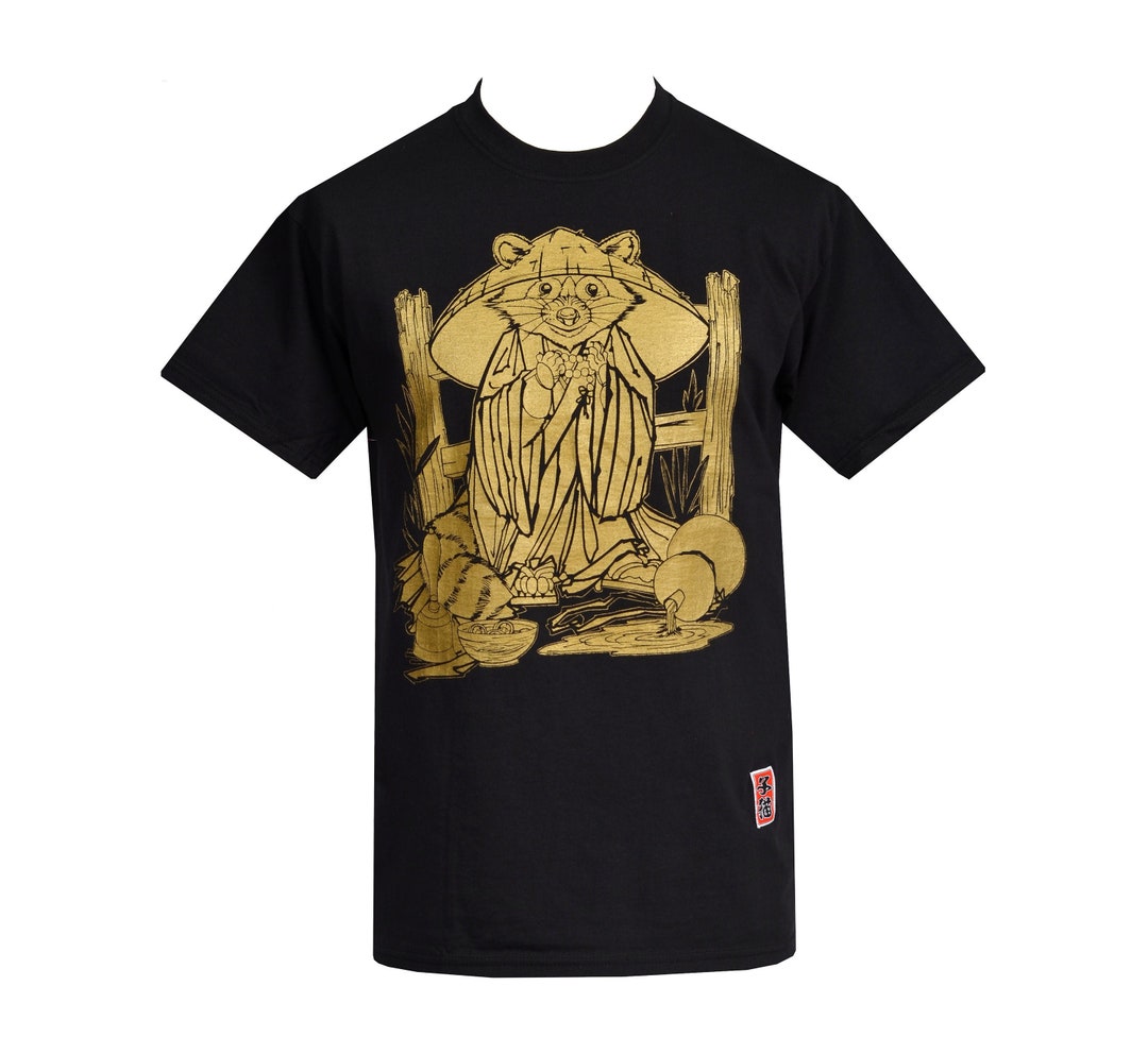 Tanuki Monk Mens T-shirt - Japanese Design - Racoon Print - Gold ...