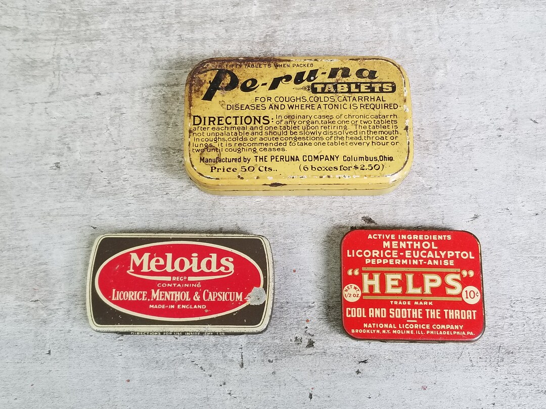 Vintage Drug Store Tins Cough & Cold Aids Peruna Tablets Helps Boots ...