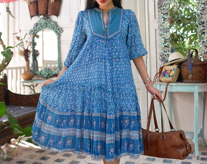 Vintage Indian Cotton Gauze Dress in Ocean Colour With Floral Print - Etsy