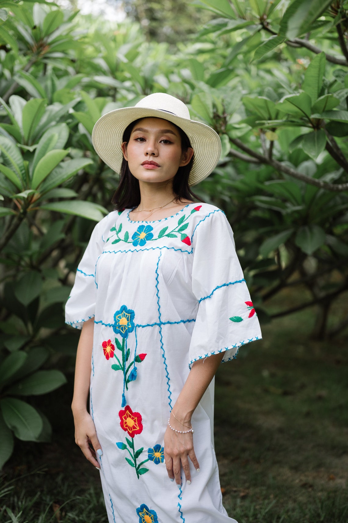 Mexican Maxi Dress With Floral Embroidery Mexican Traditional | Etsy