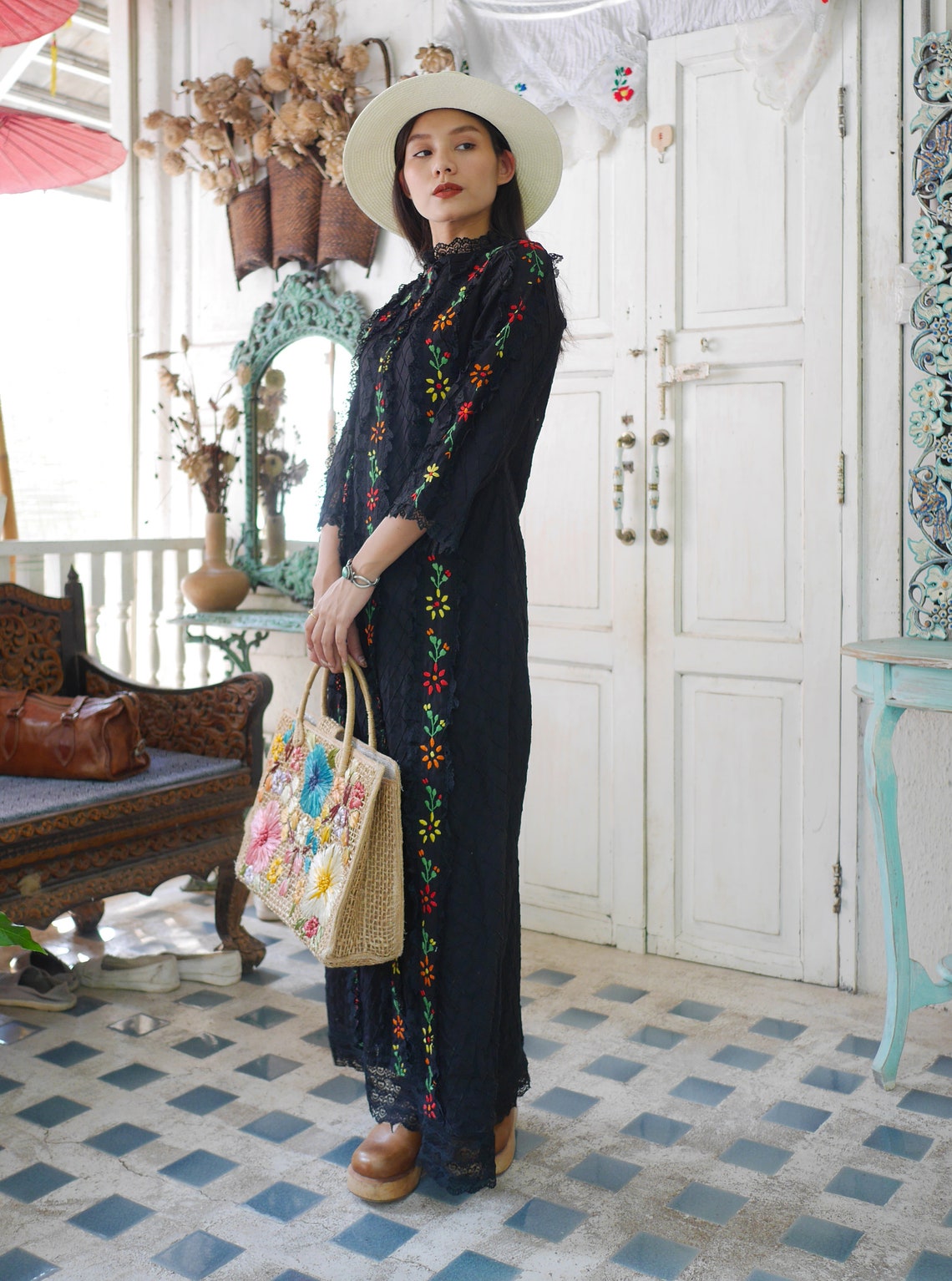 Vintage Black Mexican Lace Dress Embroidered Lace Dress - Etsy