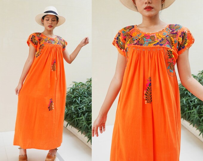 70s Vintage Oaxacan Maxi Dress, Mexican Dress With Floral Embroidery, Boho Orange Cotton Floral ...