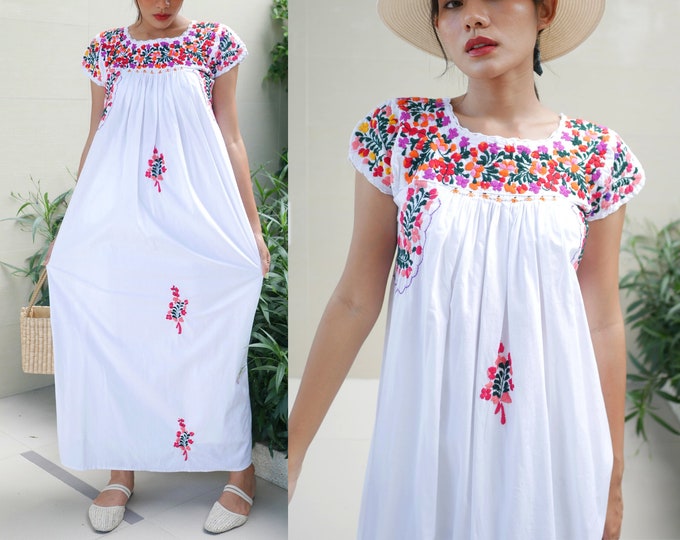 70s Vintage Oaxacan Maxi Dress, Mexican Dress With Floral Embroidery, Mexican White Cotton ...