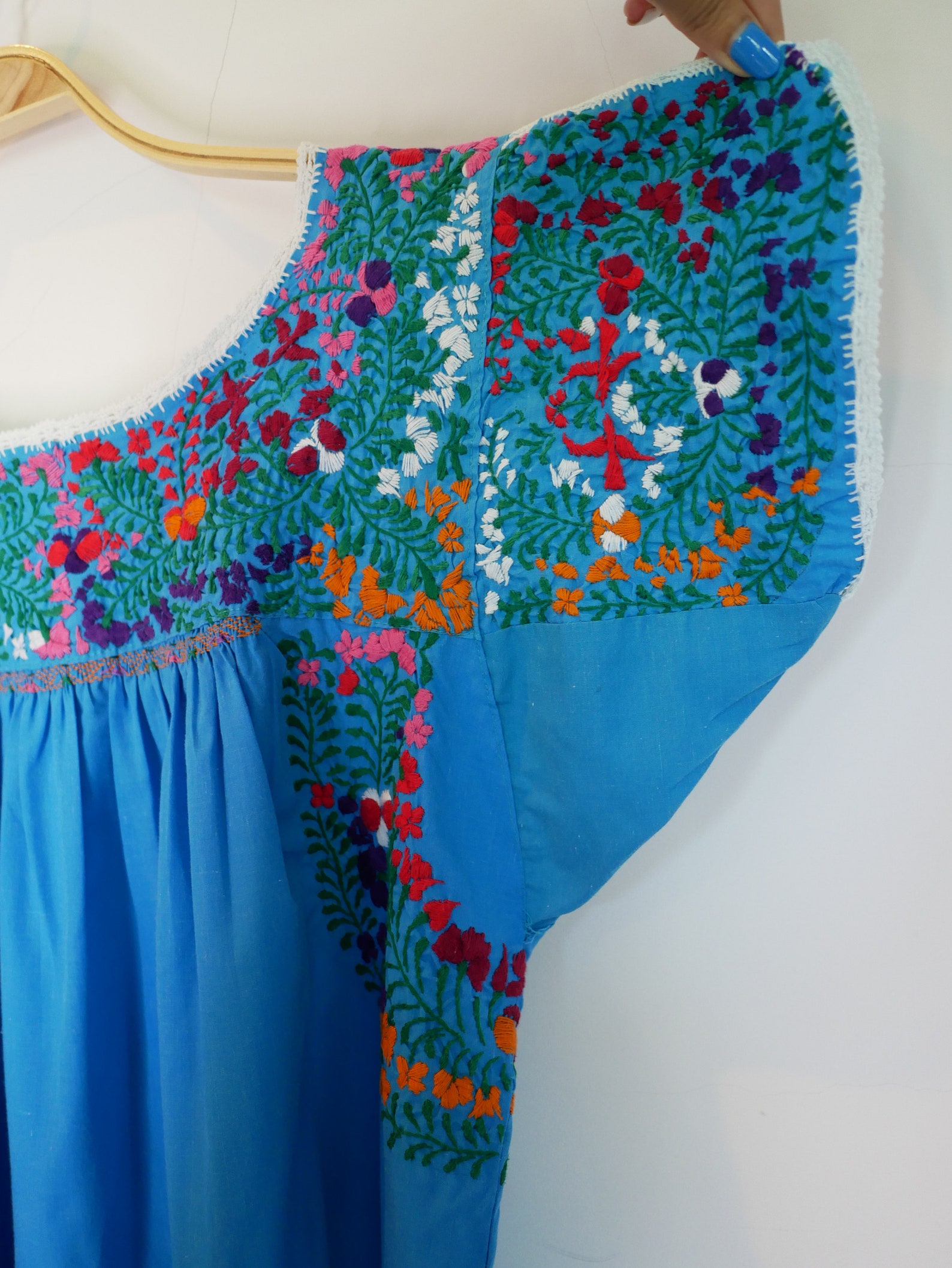 Vintage Light Blue Mexican Midi Dress With Floral Embroidery - Etsy