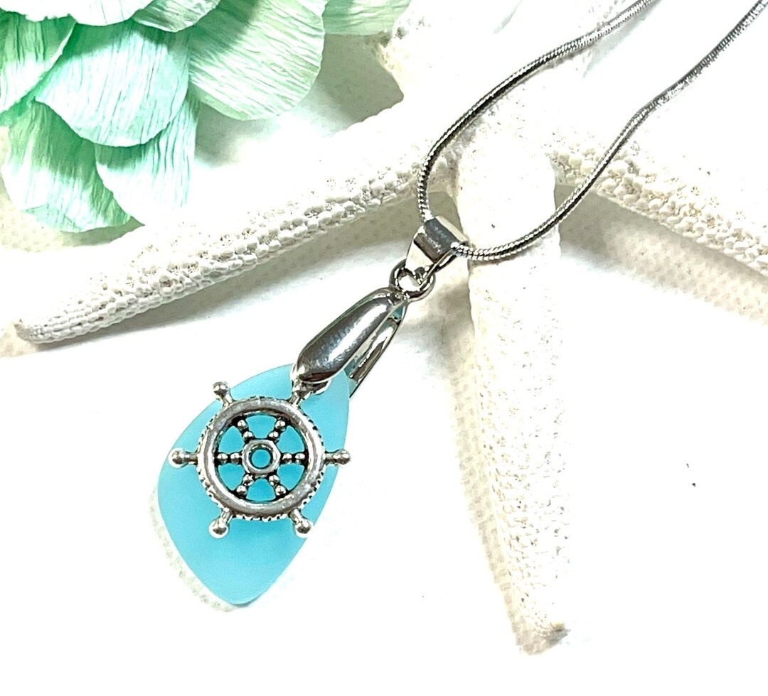 Sea Glass Nautical Wheel Necklace, Nautical Wheel Pendant Necklace ...