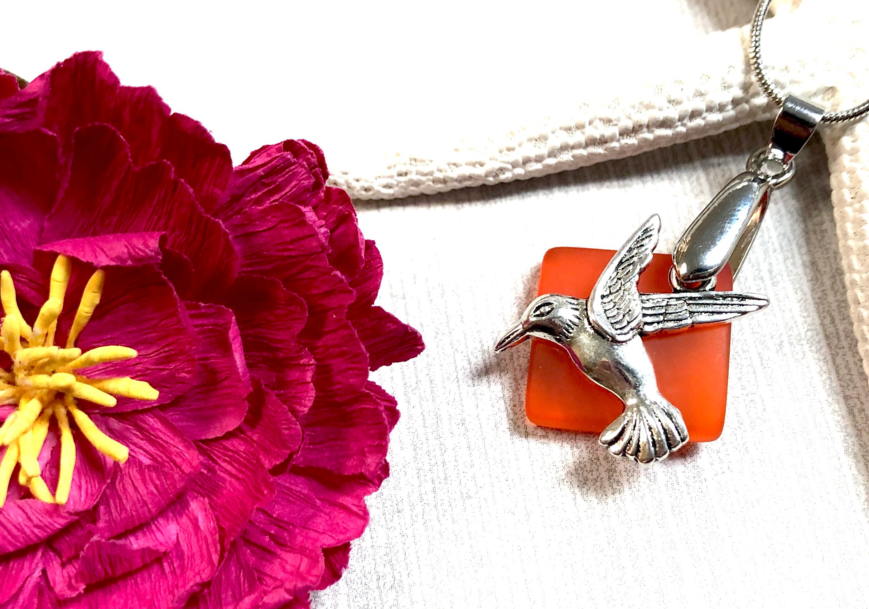 Sea Glass Hummingbird Necklace Hummingbird Necklaceblue Sea | Etsy