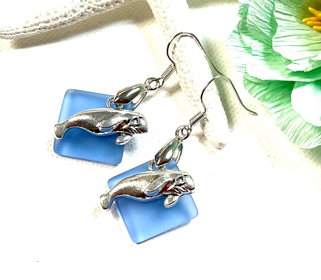 Sea Glass Manatee Earrings, Silver Manatee Earrings, Sea Glass Earrings ...