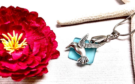 Sea Glass Hummingbird Necklace Hummingbird Necklaceblue Sea | Etsy