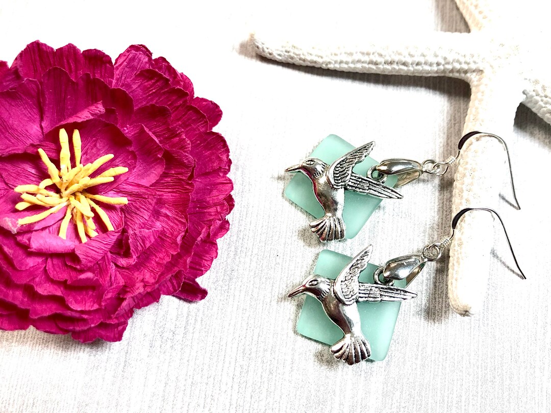 Sea Glass Hummingbird Earrings, Hummingbird Earrings, Green Sea Glass ...