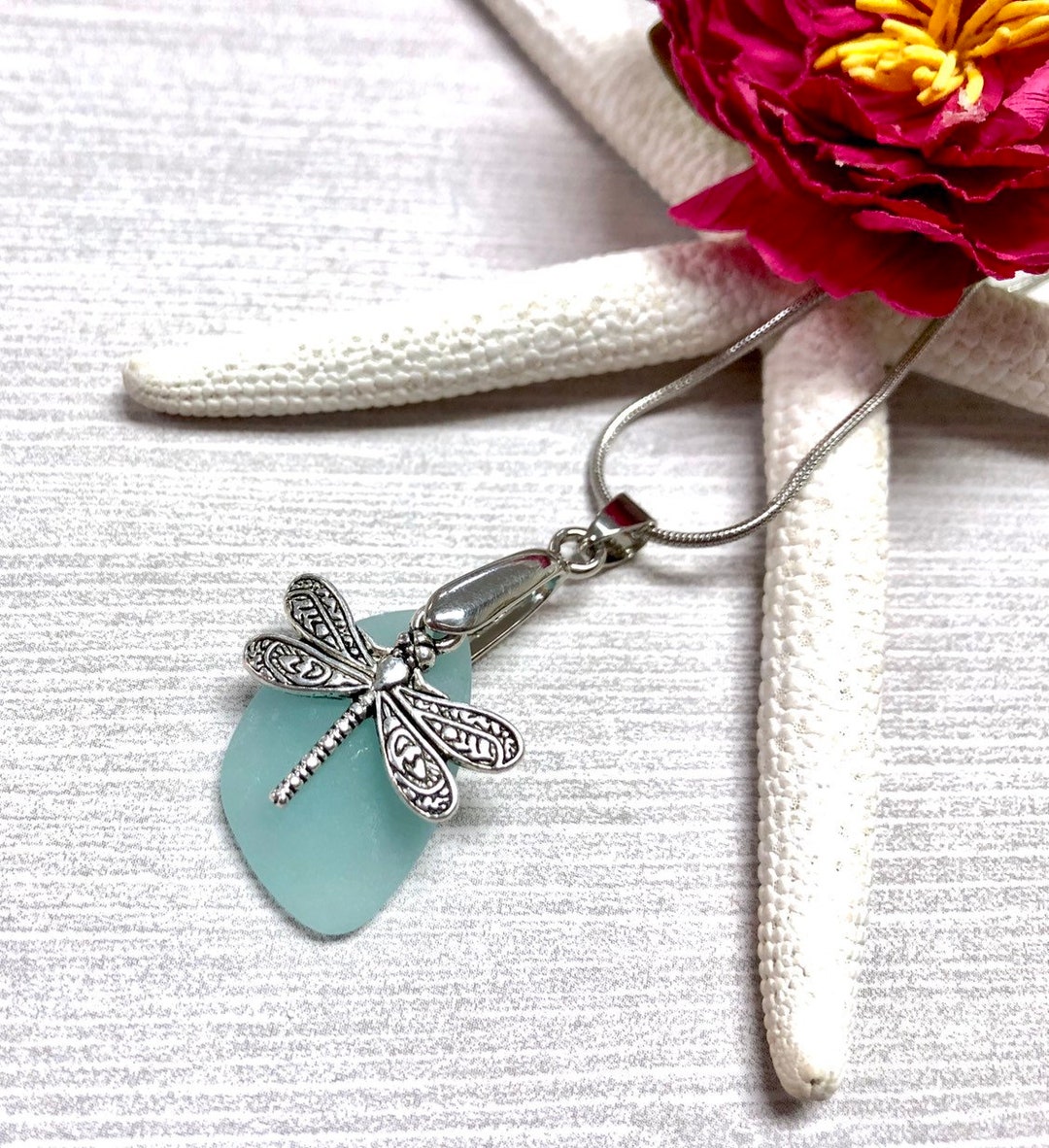 Sea Glass Dragonfly Necklace, Dragonfly Pendant Necklace, Aqua Blue Sea ...