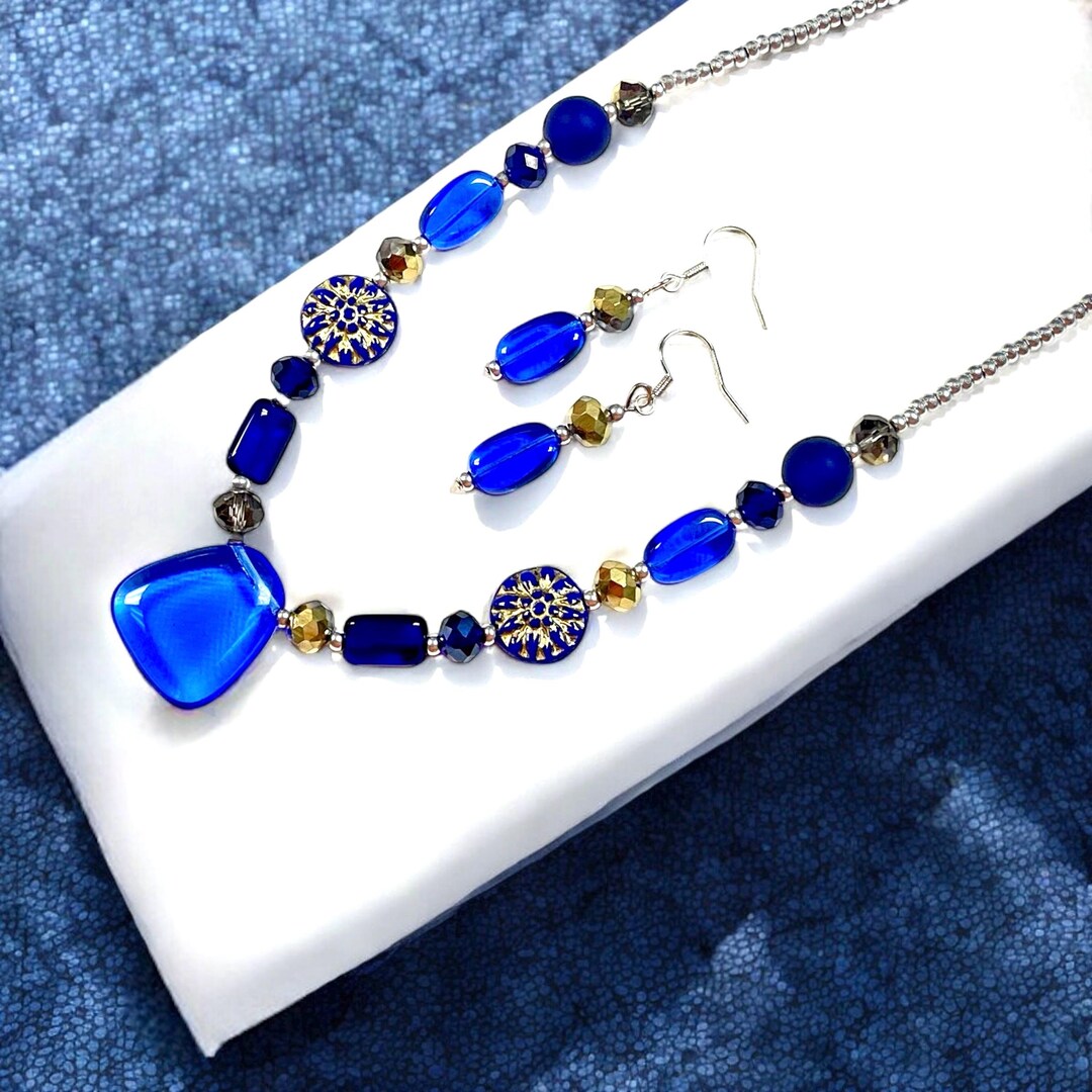 Dainty Blue and Gold Necklace Set • Blue Necklace • Holiday Necklace ...