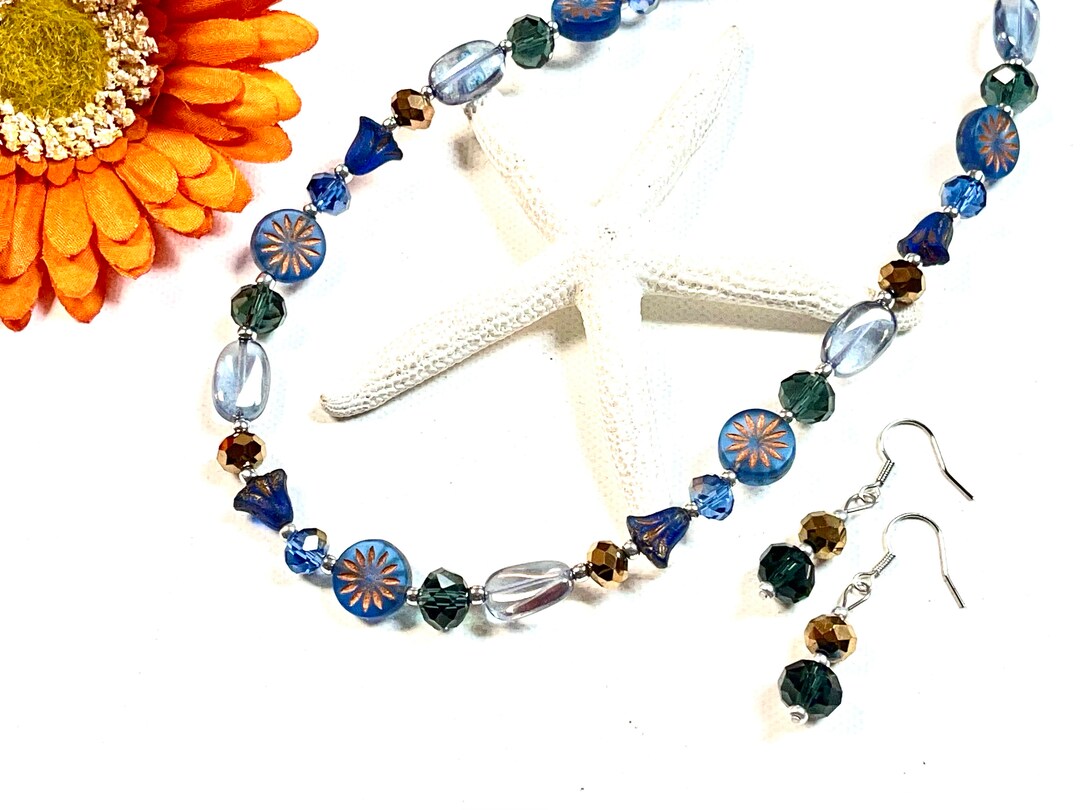 Navy Blue Beaded Necklace Set Bohemian Glass Necklace Dark Blue Necklace Classic Jewelry