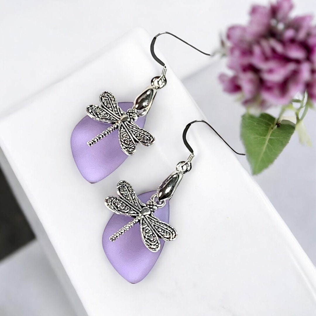 Sea Glass Dragonfly Earrings, Dragonfly Earrings, Purple Sea Glass, Sea ...