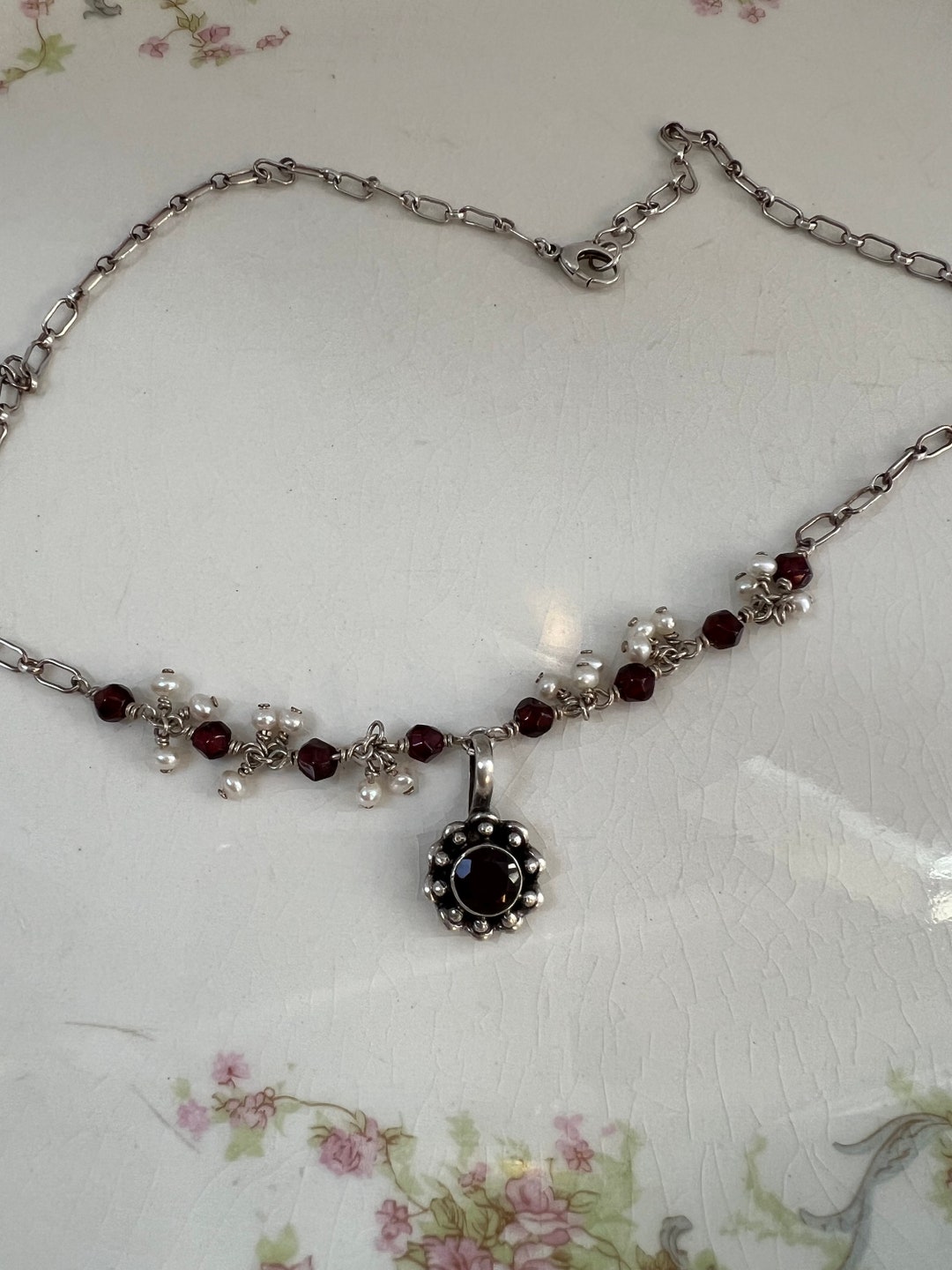 Vintage Garnet Flower Pendant Necklace With Vintage Garnet Beads and ...