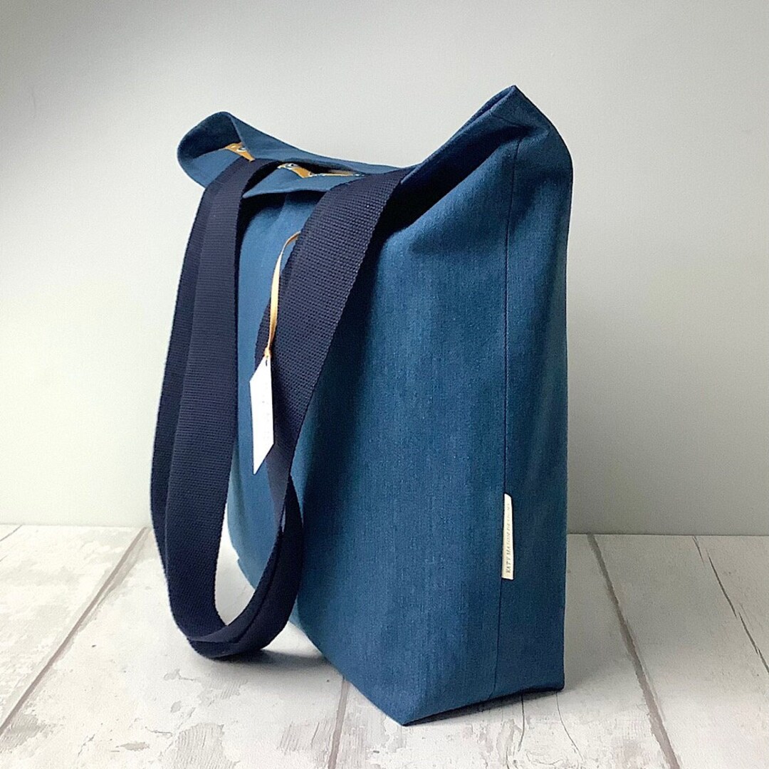 Long Handled Tote Bag Mid Blue Denim Denim Mustard Print Lining With ...