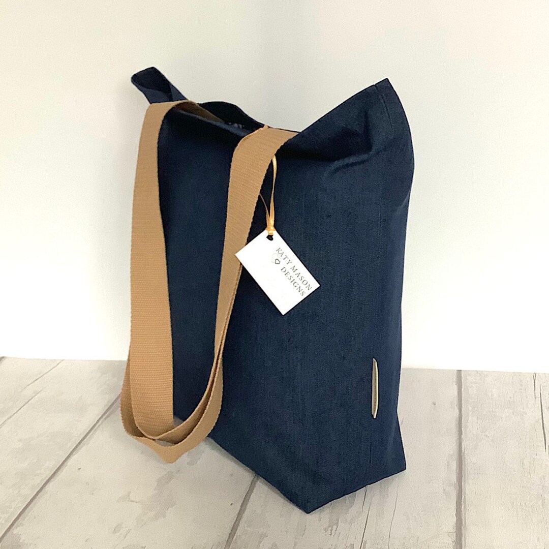 Long Handled Tote Bag Navy Denim Floral Print Lining With Pocket - Etsy UK