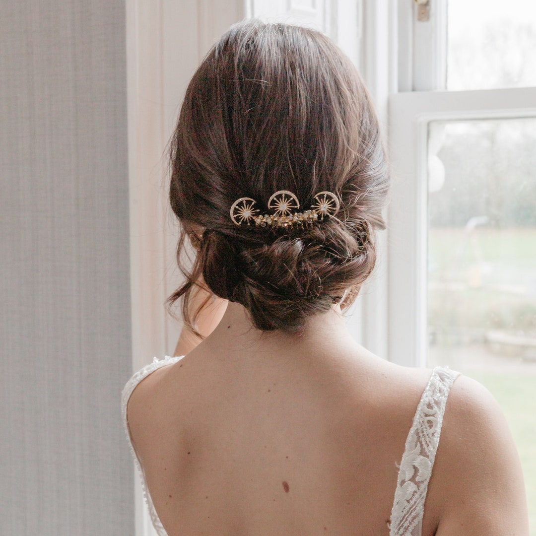 Bridal Headpiece for the Back of Hair, Stars and Moons Hair Comb, Gold ...