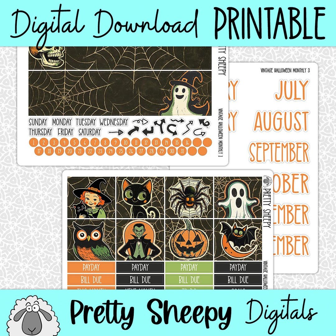 Vintage Halloween Printable Monthly Planner Stickers | PNG Instant ...