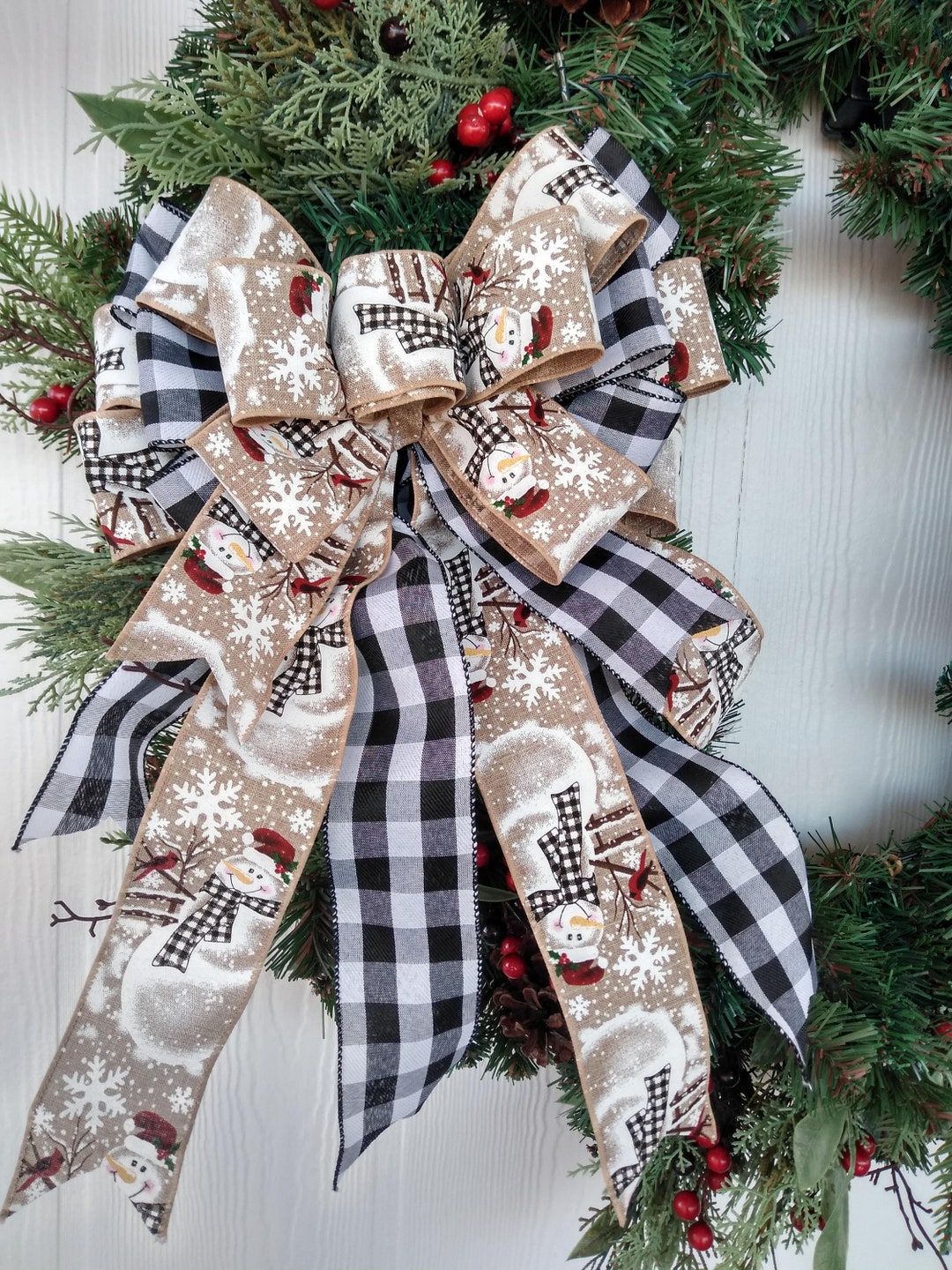 Snowman Buffalo Check Tree Topper Bow Black White Check Christmas ...