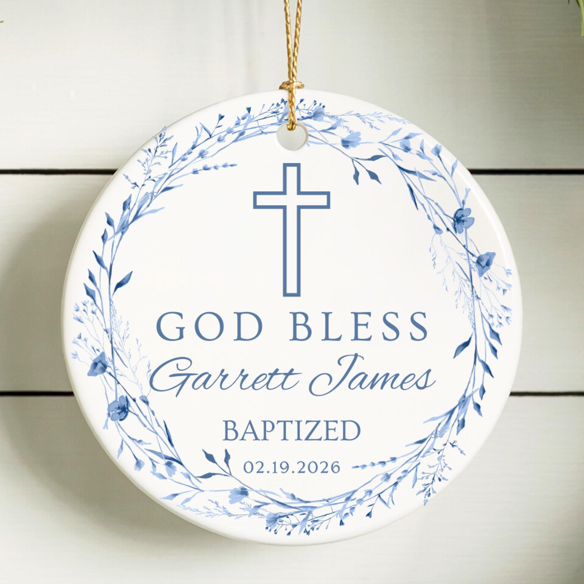 Personalized Baptism Ornament, Blue Floral Ceramic Keepsake - Etsy