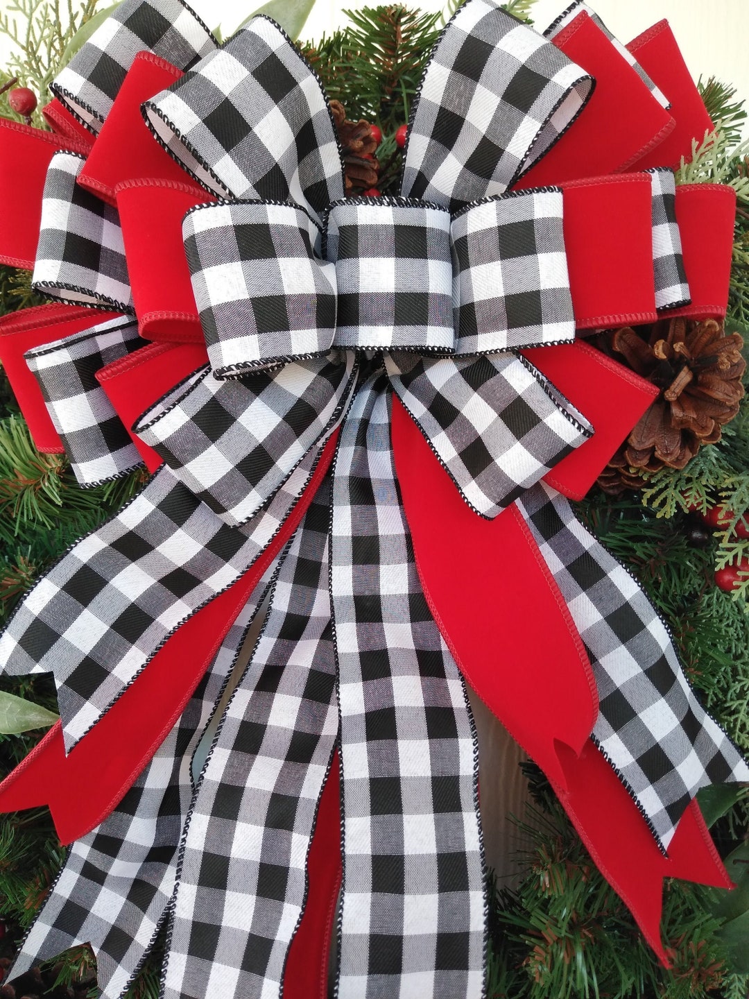 Traditional Red and Black Buffalo Check Tree Topper Bow, Red Velvet ...