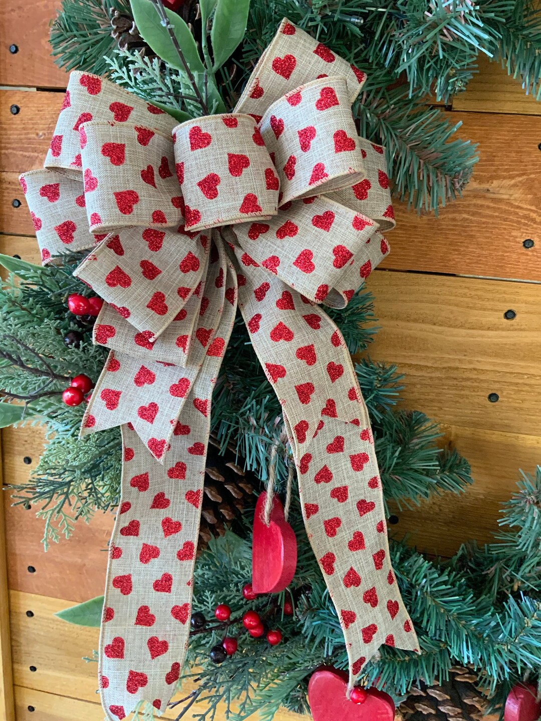 Valentines Day Bow for Wreath Burlap Red Glittered Hearts Themed ...
