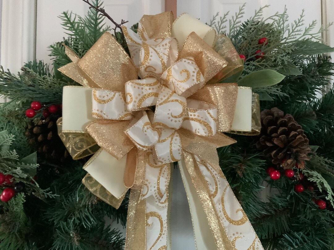 Cream and Gold Wreath Bow Golden Christmas Tree Topper Bow Gold & Cream ...