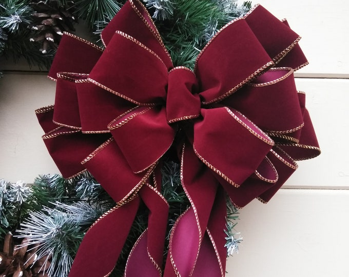 Wreath Bow Indoor Outdoor Burgundy Velvet Christmas Bow With Gold Edge ...