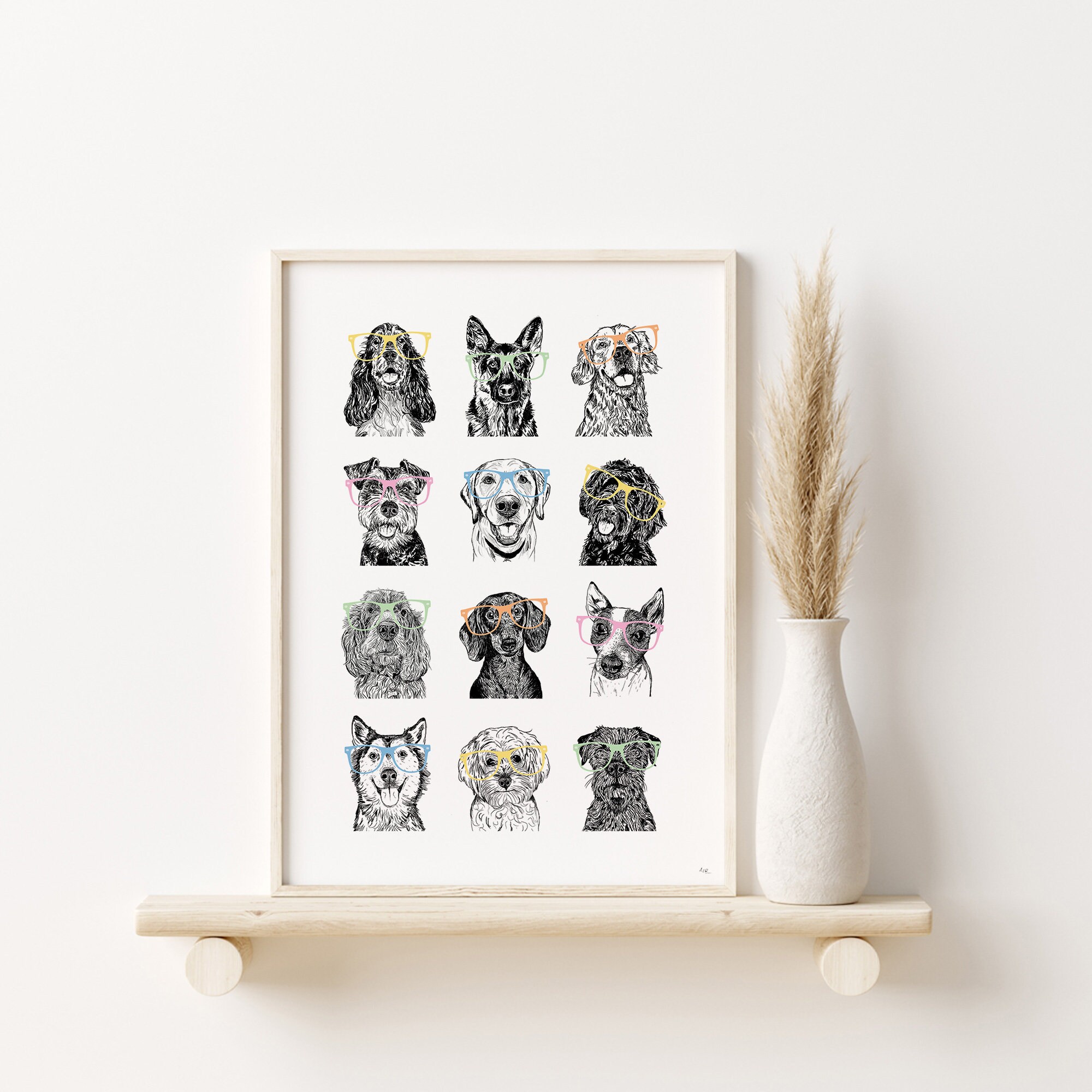Dog Breeds Art Print, Colorful Glasses, Whimsical Pet Portrait - Etsy