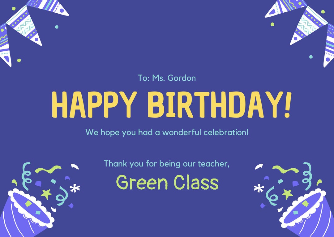Customizable Teacher Birthday Card: Dark Blue & Yellow Canva Template ...