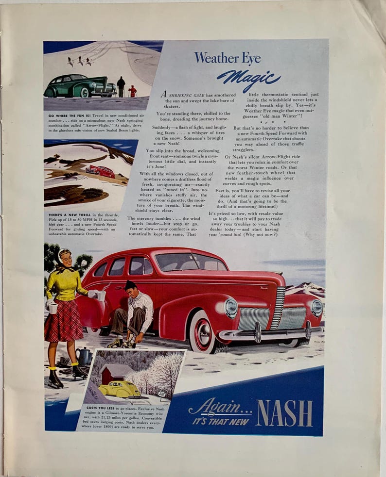 1940 Nash Automobile Print Ad Red Sedan Winter Scene Couple Ice Skating ...
