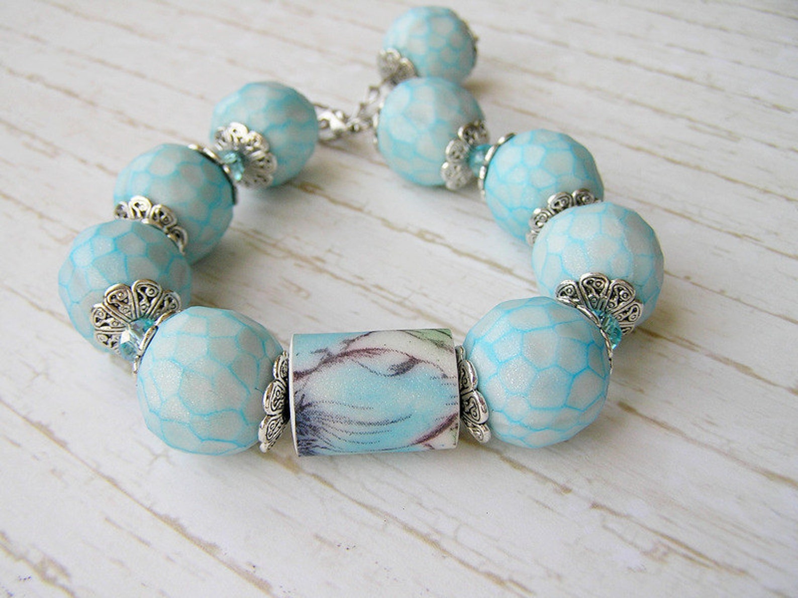 Pearly Light Blue Bracelet of Polymer Clay Romantic Image - Etsy