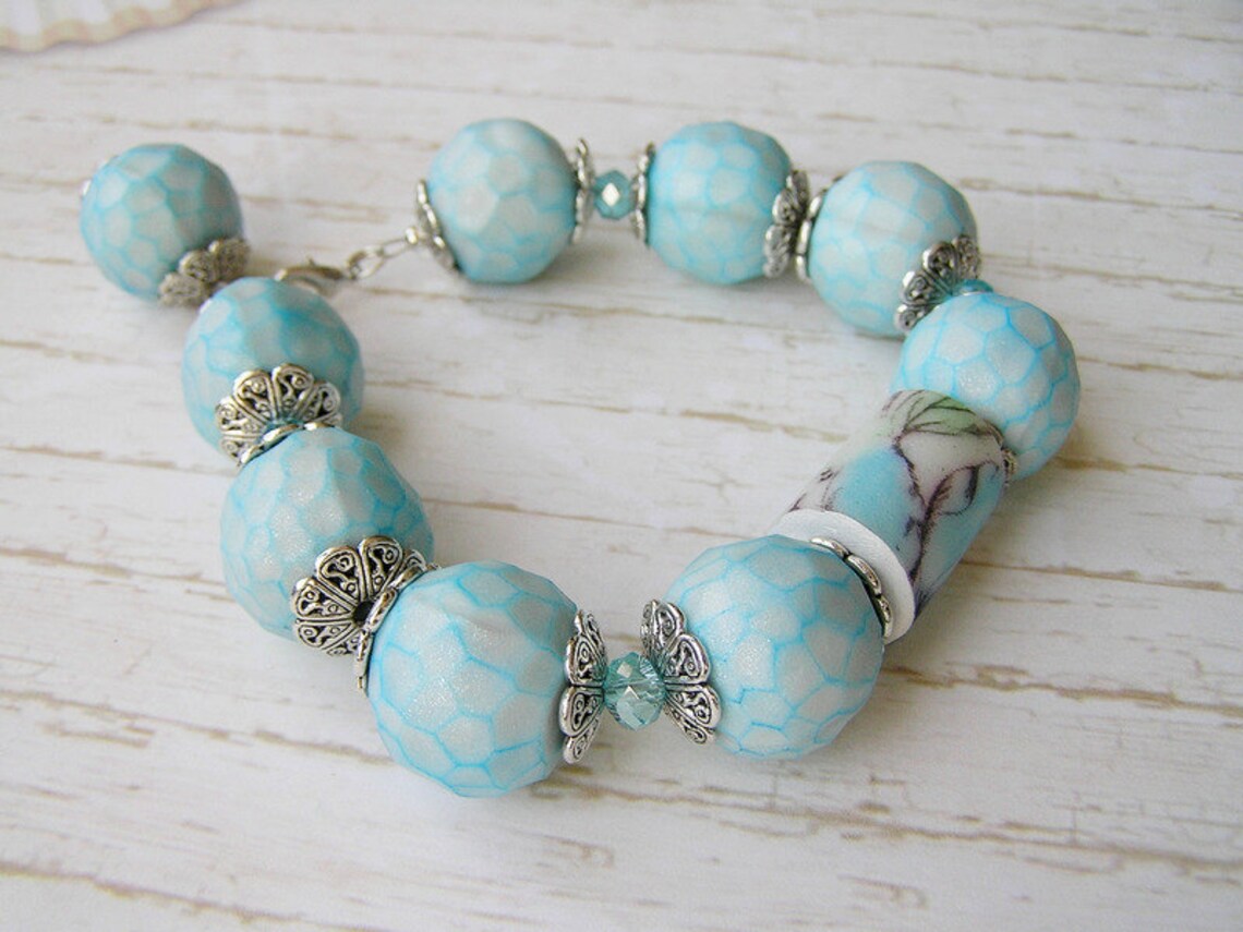 Pearly Light Blue Bracelet of Polymer Clay Romantic Image - Etsy