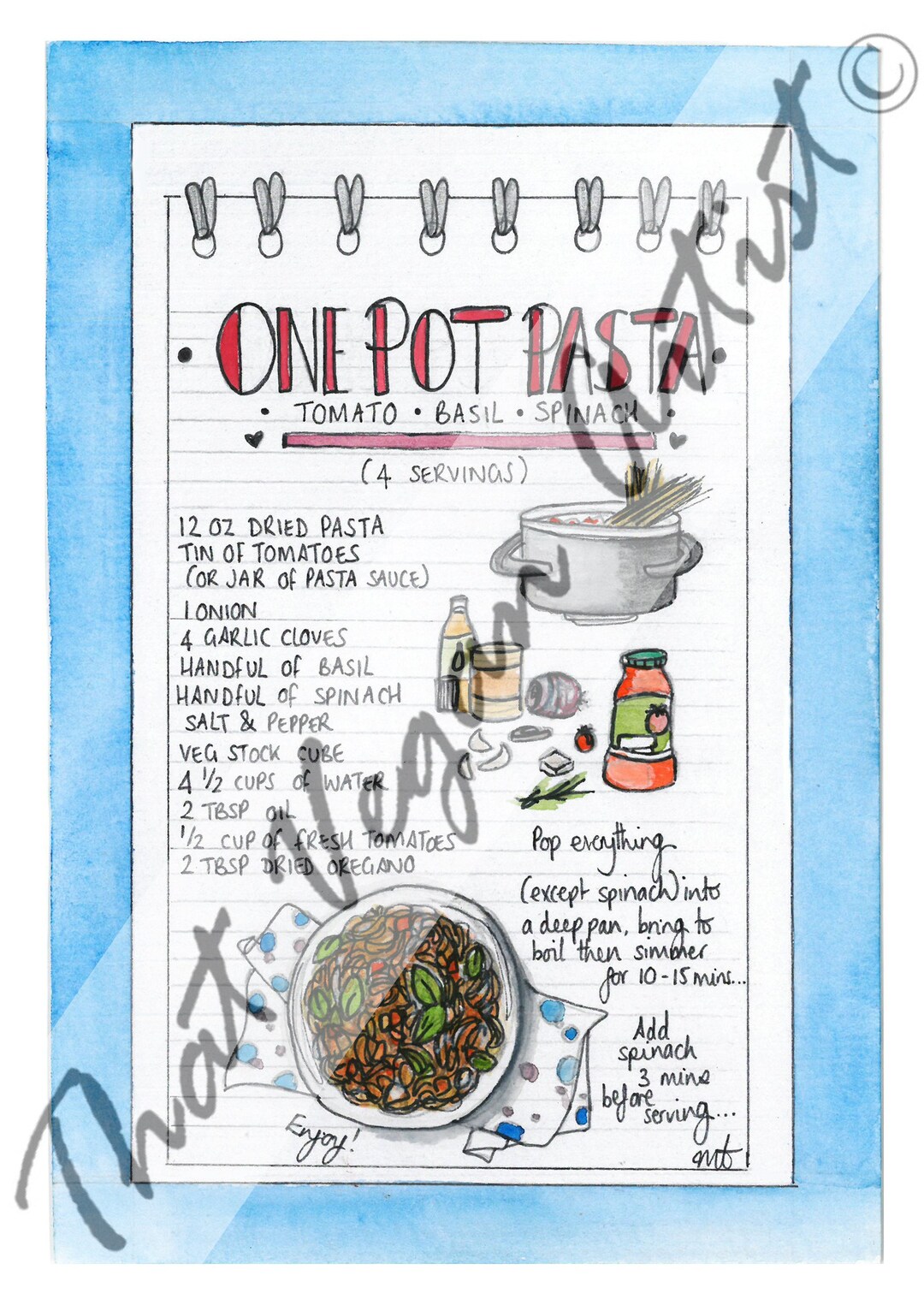 One Pot Pasta Recipe Card - Etsy