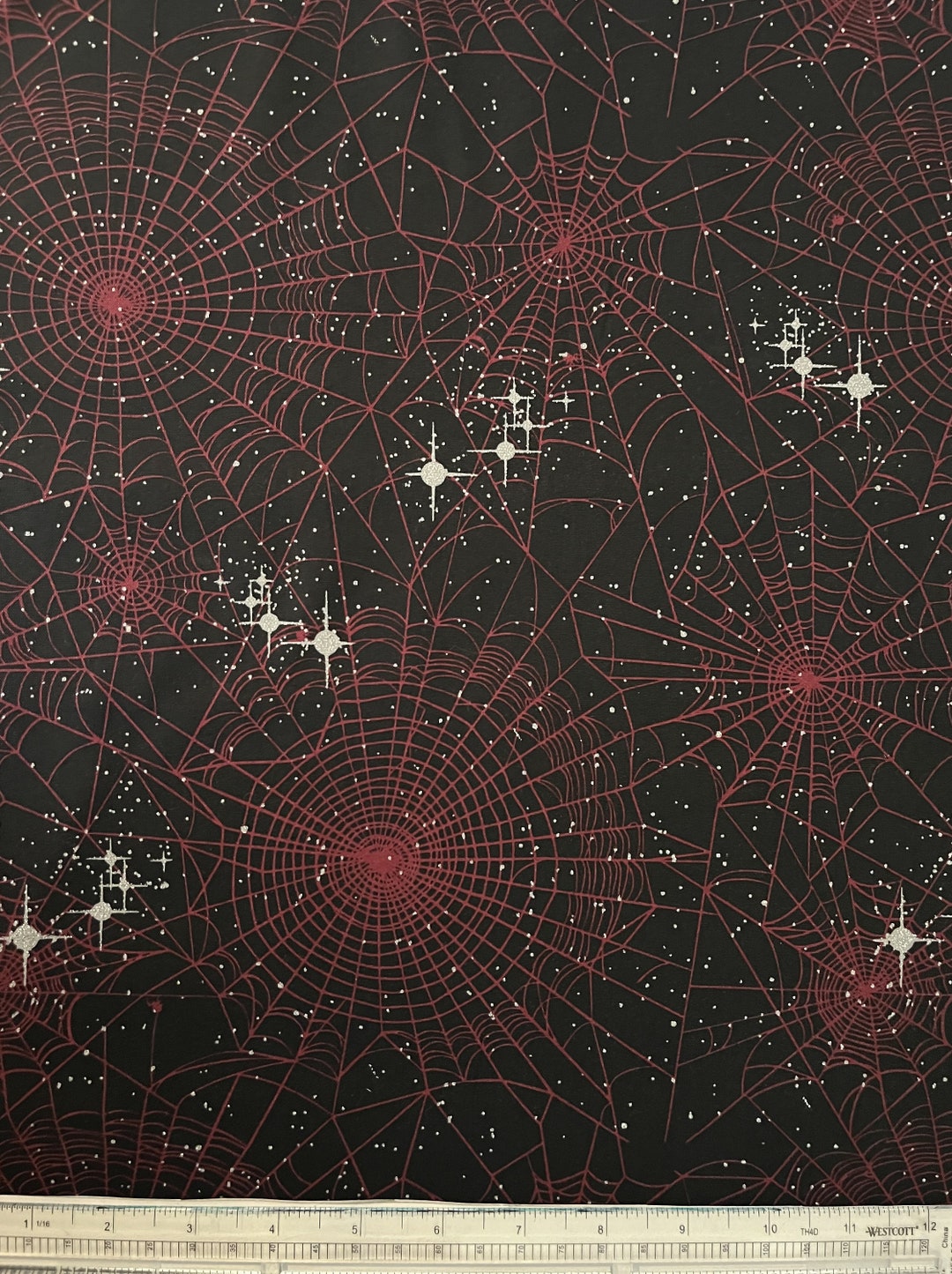 Halloween Fabric Red Spiderwebs on Black Background, Silver Metallic ...