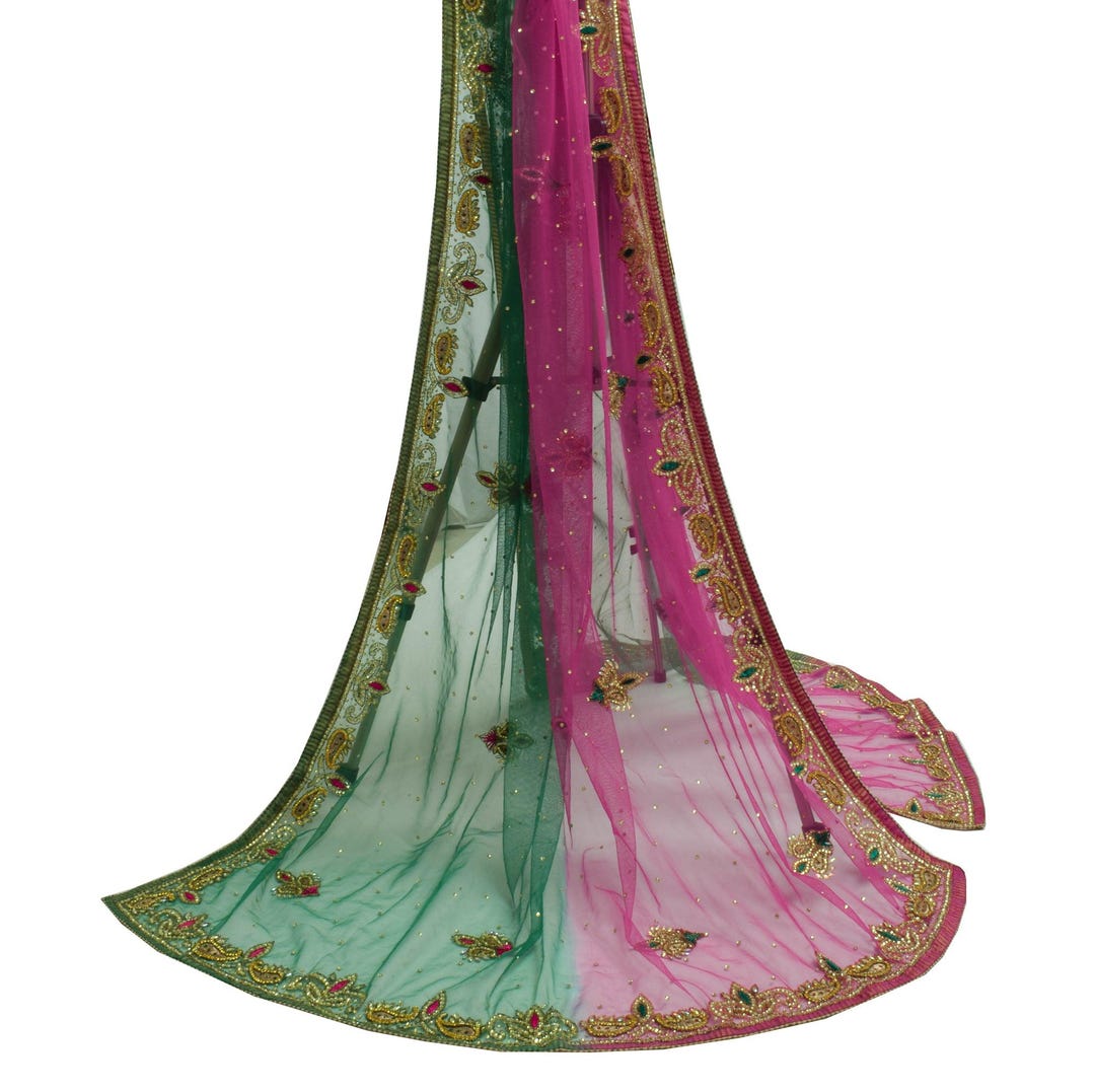 Sushila Vintage Indian Dupatta Net Mesh Embroidered Long Stole Scarves ...