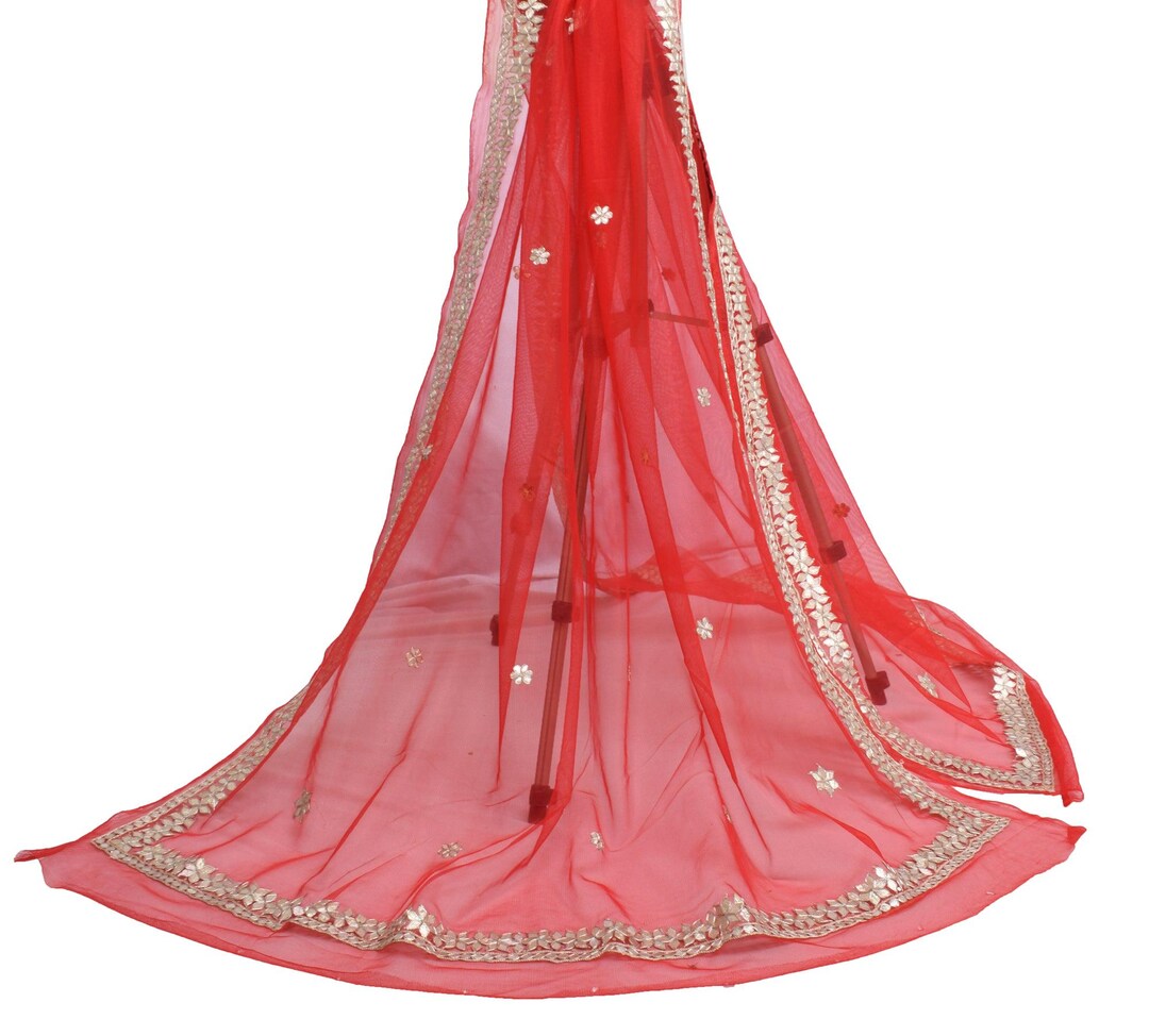 Sushila Vintage Red Dupatta Net Mesh Hand Beaded Gotta Patti Floral ...
