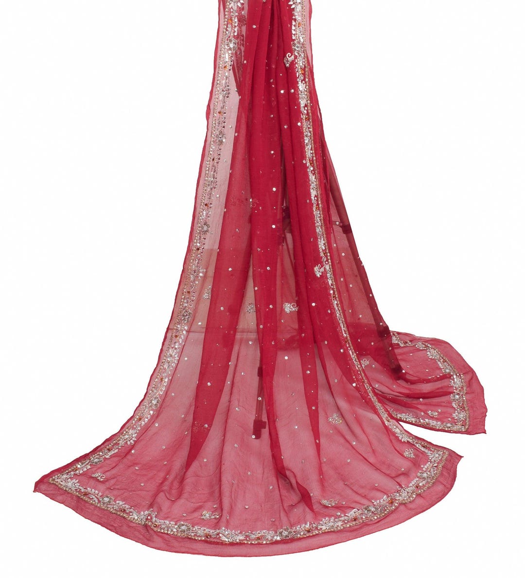 Sushila Vintage Dark Red Dupatta Pure Chiffon Silk Sequins Embellish ...