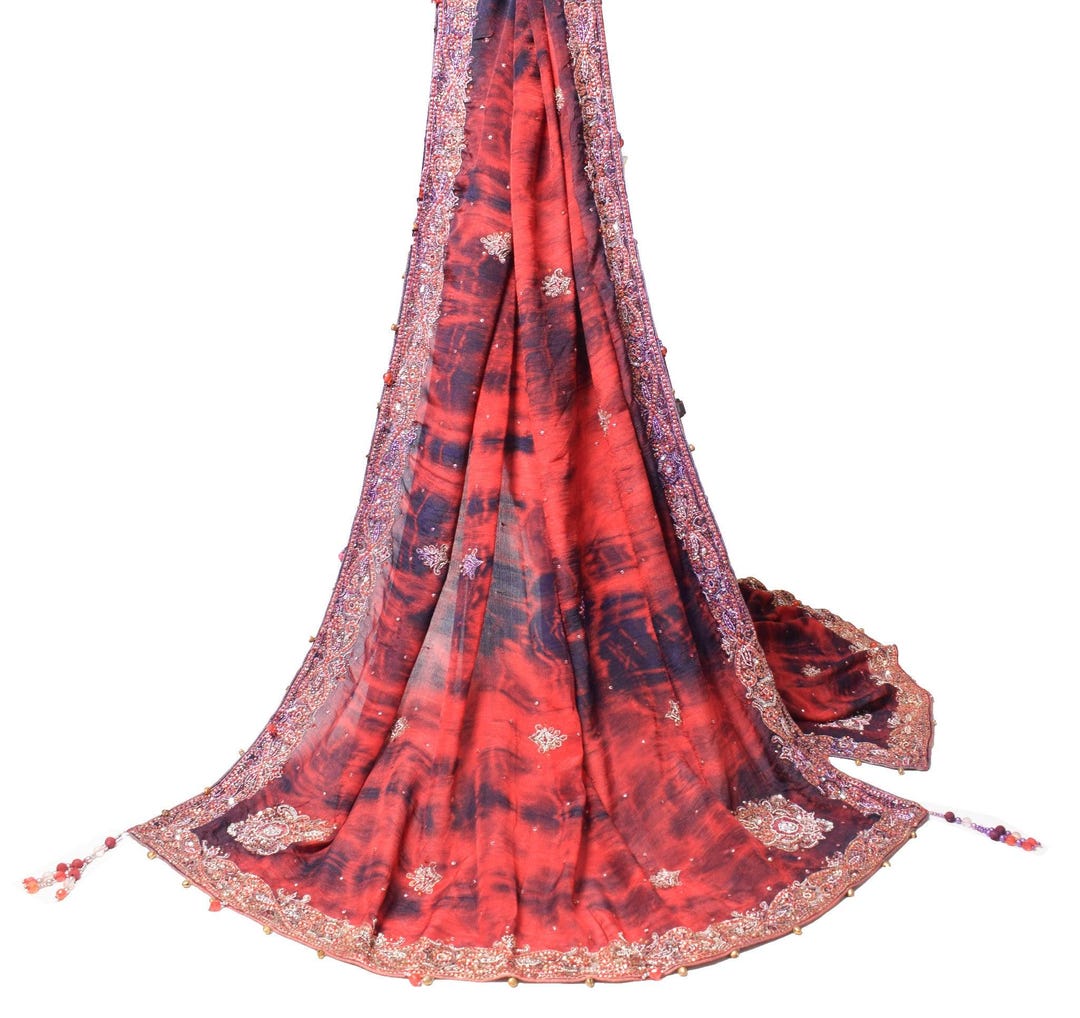 Sushila Vintage Red Tie-dye Dupatta Pure Chiffon Sequins Embellish Long ...