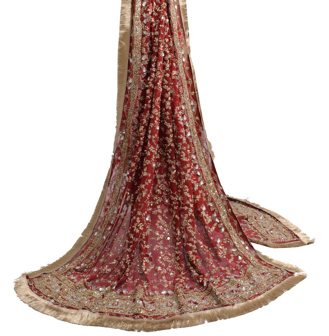 Sushila Vintage Dark Red Heavy Dupatta 100% Pure Georgette Silk Hand ...