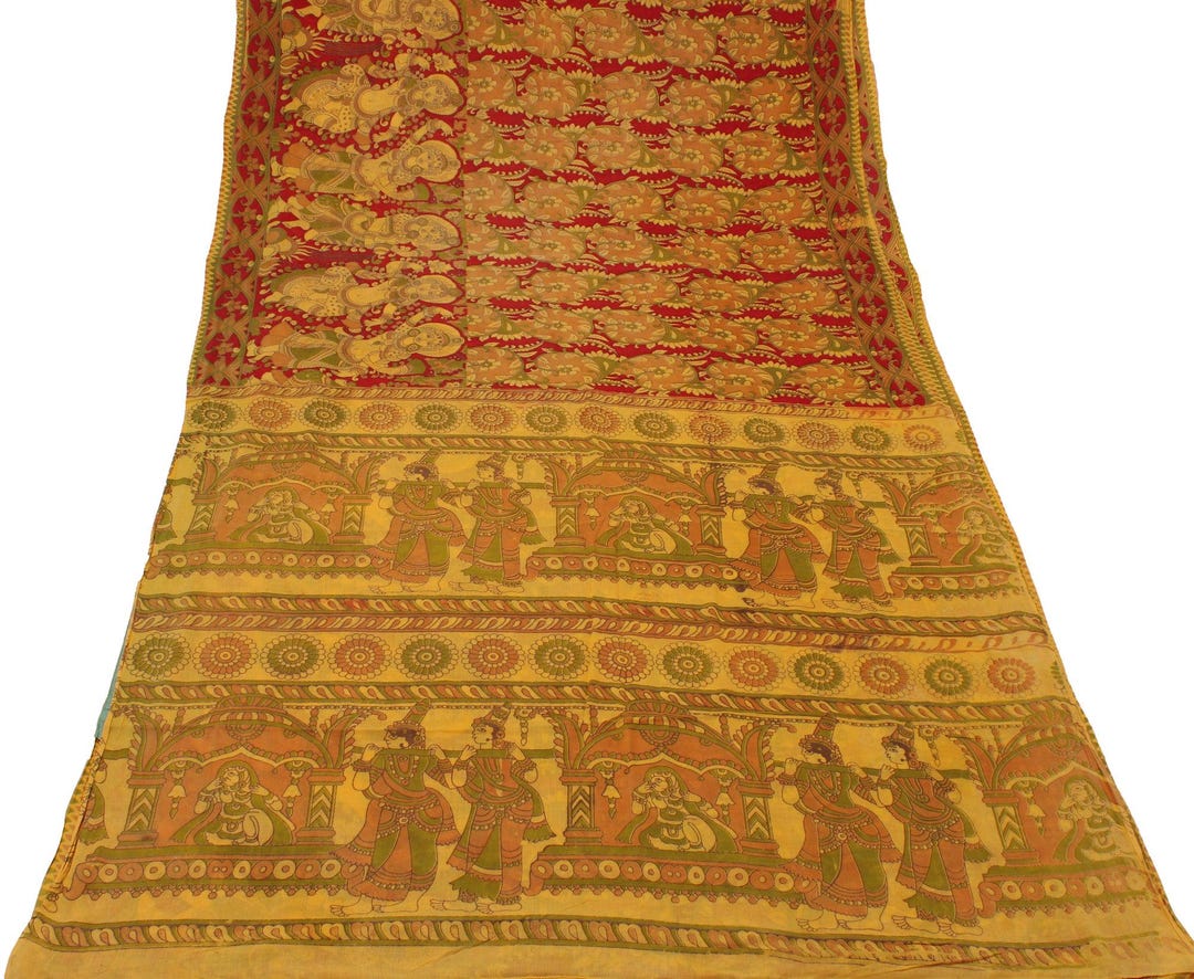 Sushila Vintage Red Saree 100% Pure Cotton Kalamkari Printed Floral 5 ...