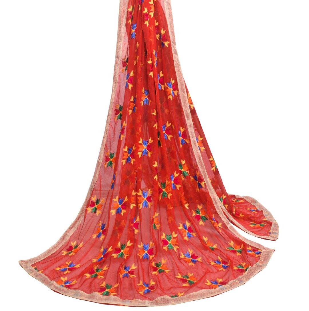 Sushila Vintage Red Floral Dupatta Chiffon Silk Phulkari Embroidered ...