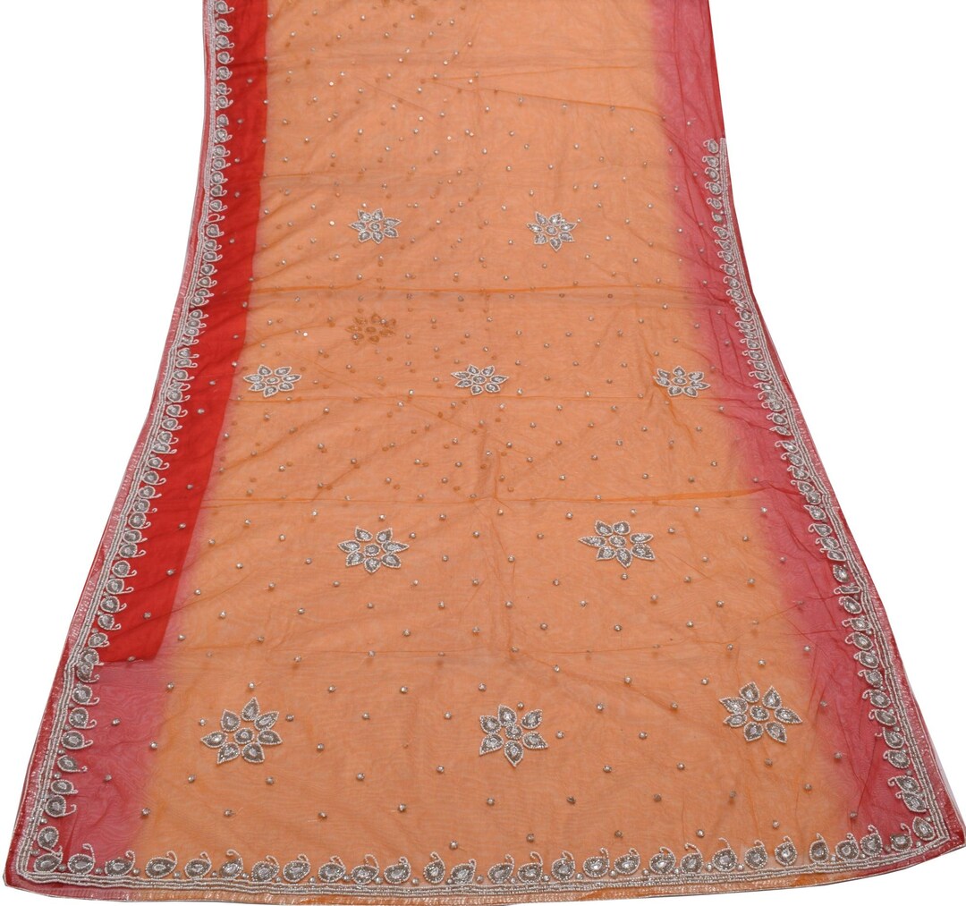 Sushila Vintage Indian Red Orange Saree Net Mesh Beaded Glass Beads ...
